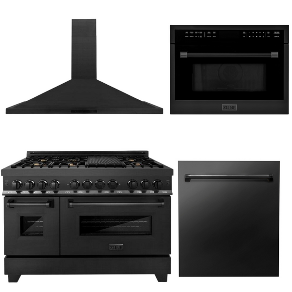 ZLINE Black Stainless Steel Package - 48 in. Dual Fuel Range, Range Ho ...